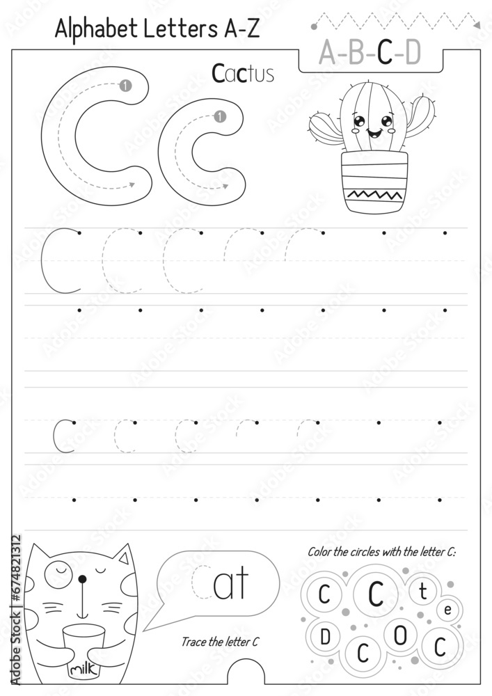 Letter Tracing Worksheet for Activity Book for kids. For Letter C upper ...