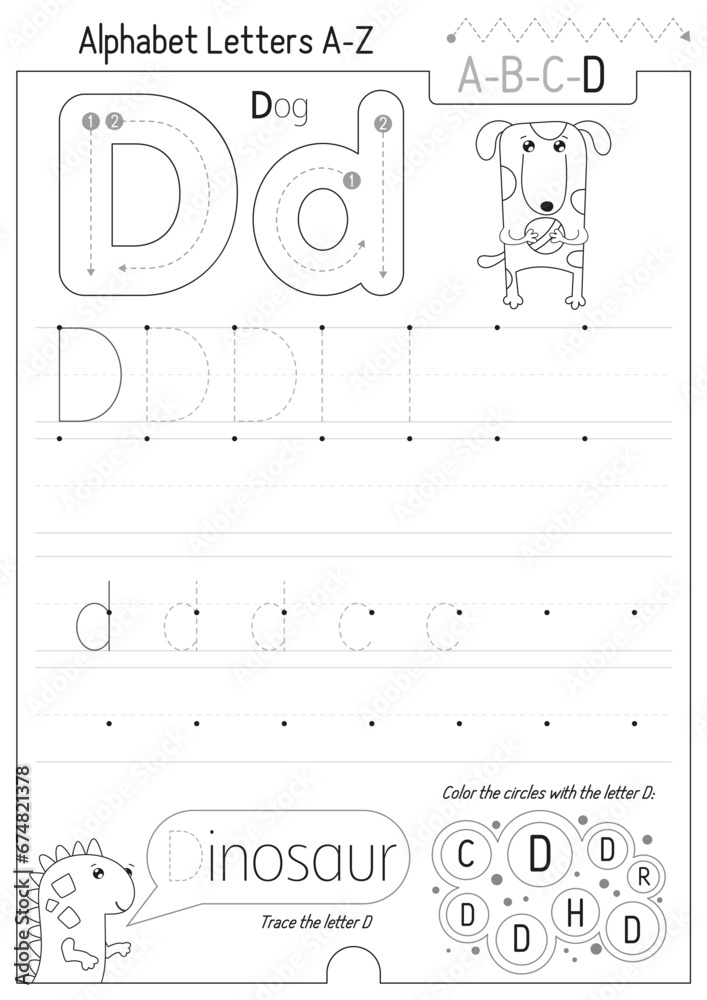 Letter Tracing Worksheet for Activity Book for kids. For Letter D upper ...