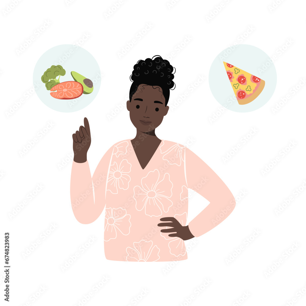 African American woman choosing between healthy and unhealthy food ...