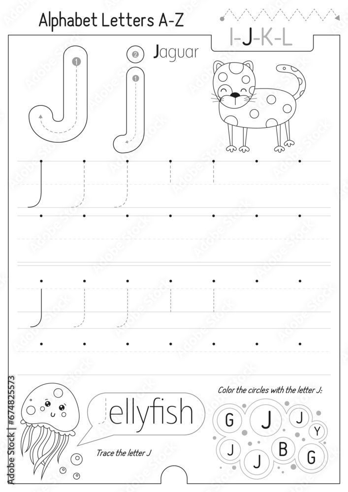 Letter Tracing Worksheet for Activity Book for kids. For Letter J upper ...