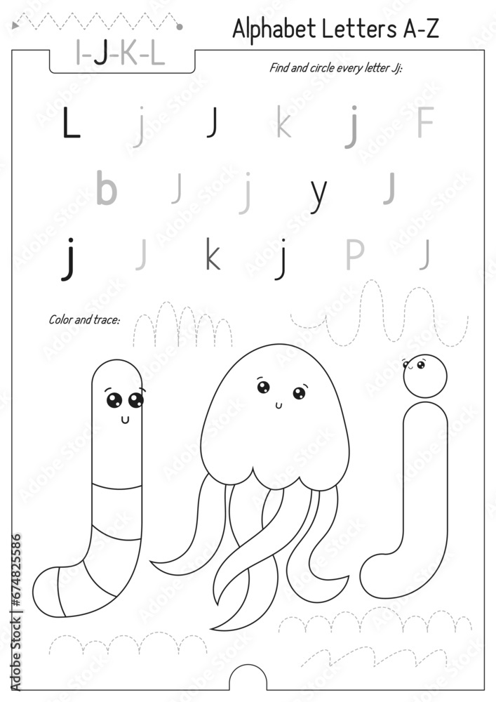 Letter Coloring Worksheet for Kids Activity Book. For Letter J upper ...