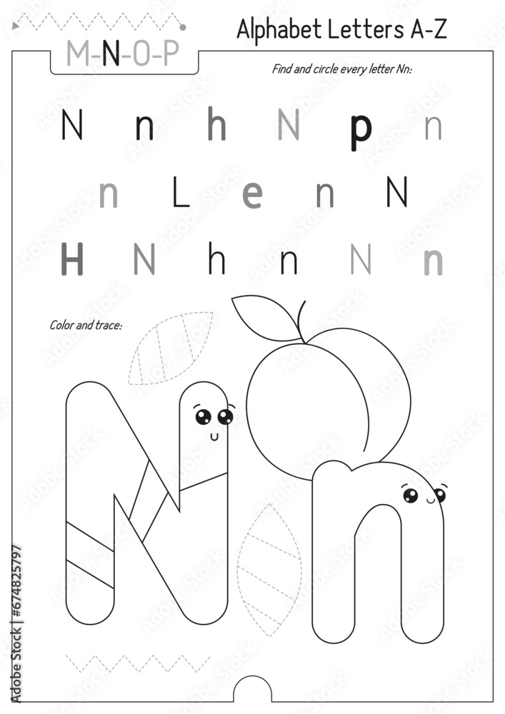Letter Coloring Worksheet for Kids Activity Book. For Letter N upper ...