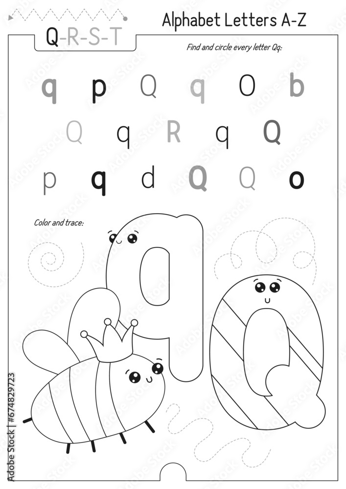 Letter Coloring Worksheet for Kids Activity Book. For Letter Q upper ...