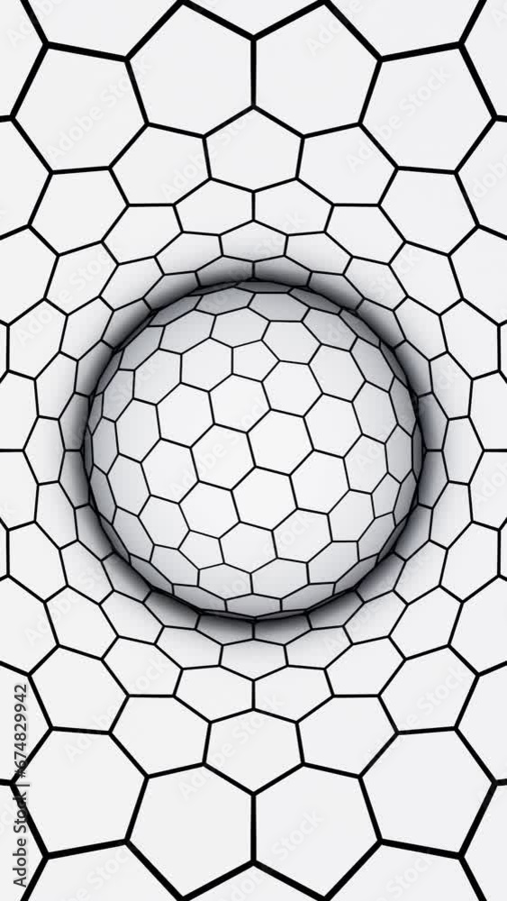 Vertical video rotating white hexagonal ball in tunnel optical illusion ...