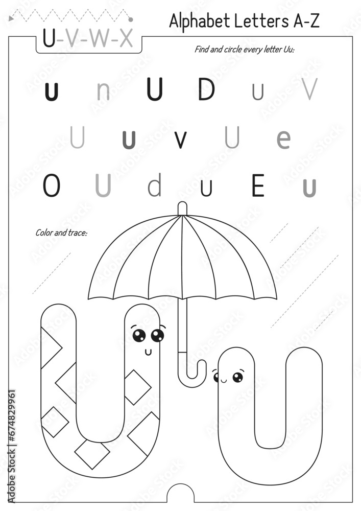 Letter Coloring Worksheet for Kids Activity Book. For Letter U upper ...