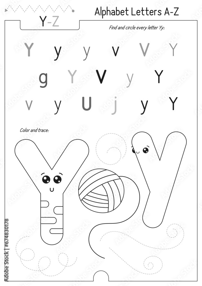 Letter Coloring Worksheet for Kids Activity Book. For Letter Y upper ...