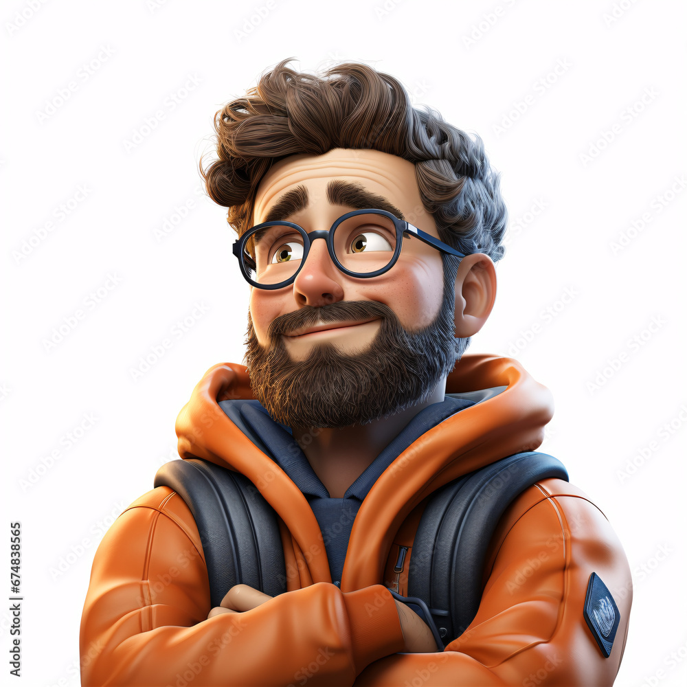 An animated, content, bearded man is portrayed in a close-up shot ...