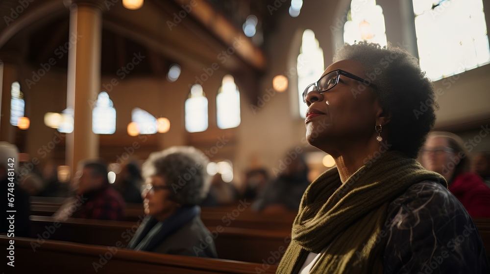 an African American female pastor in her 50s. diverse congregation ...