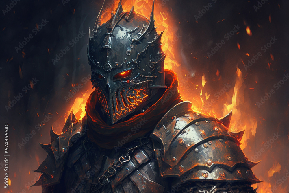 A captivating digital artwork depicting a fearsome knight in a full ...