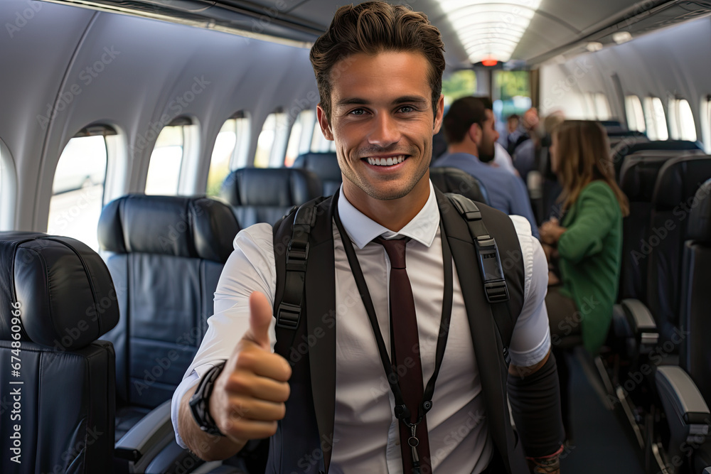 Smiling pilot giving a thumbs up gesture inside an airplane with ...
