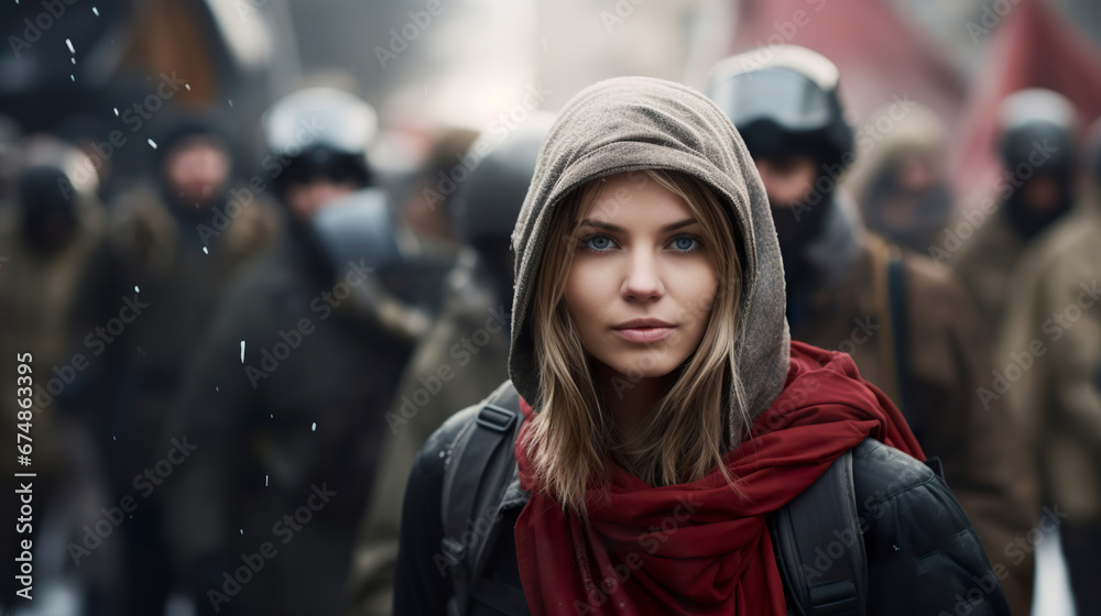 Portrait of a determined Caucasian woman in a context of insurrection ...