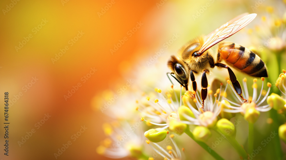 bee foraging on a flower with a bokeh background Stock Photo | Adobe Stock