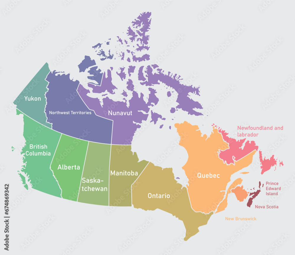 Map of Canada divided into 10 provinces and 3 territories ...