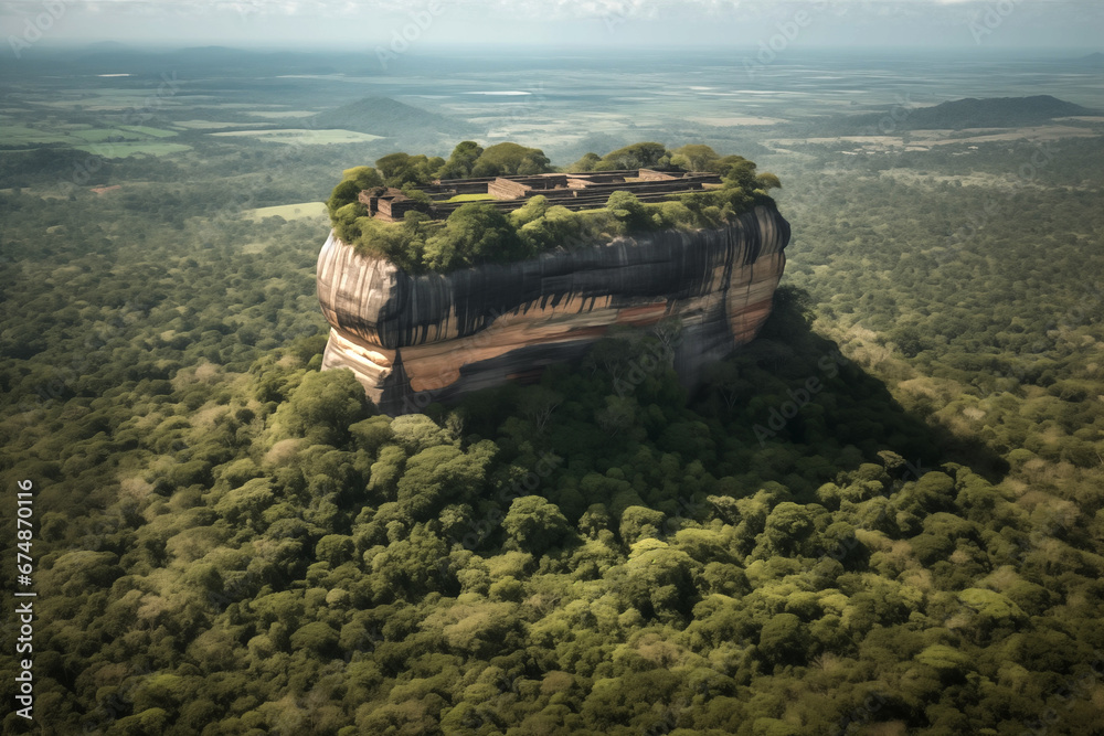 Sri Lanka drone view. Sigiriya Rock or Sinhagiri is ancient rock ...
