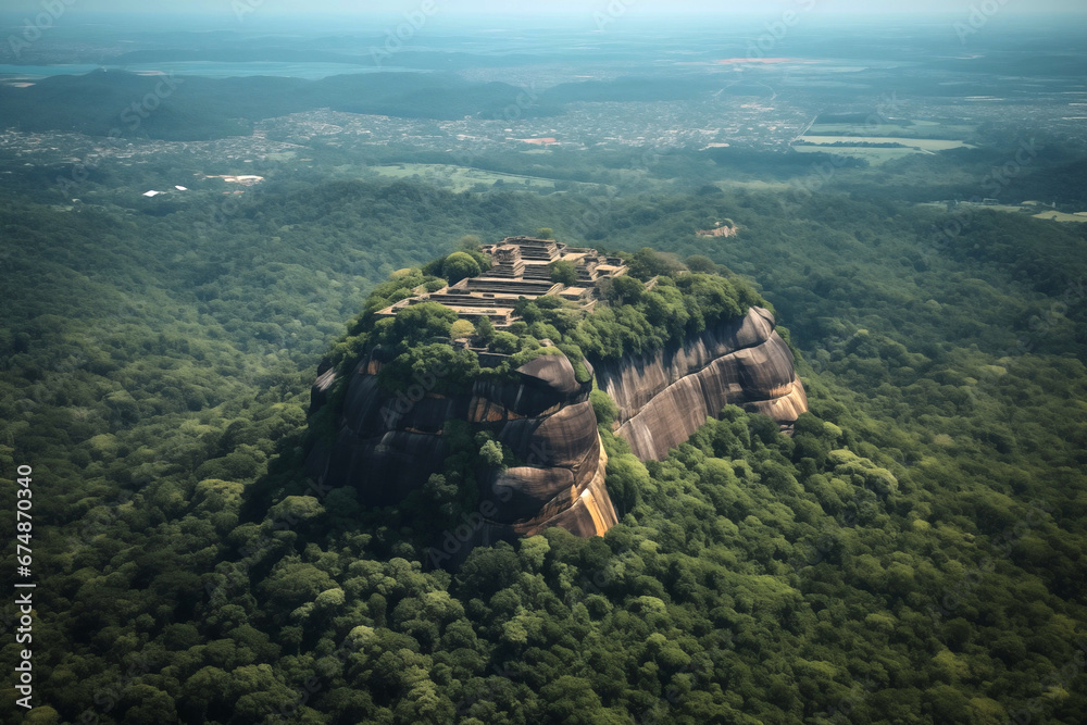 Sri Lanka drone view. Sigiriya Rock or Sinhagiri is ancient rock ...