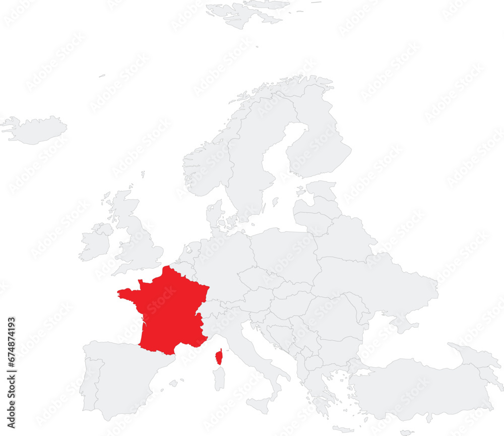 Red CMYK national map of FRANCE inside gray blank political map of ...