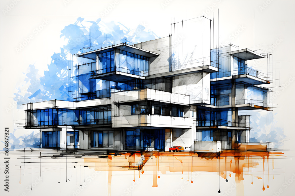 This phrase can be restructured as, Architectural ink drawing design ...