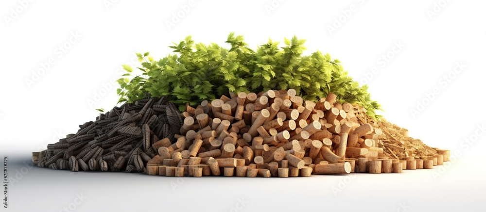 Ground level of heap of compressed wood pellets stacked on floor near ...