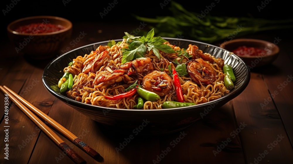Mie Goreng Jawa or bakmi jawa or java noodle with spoon and fork ...