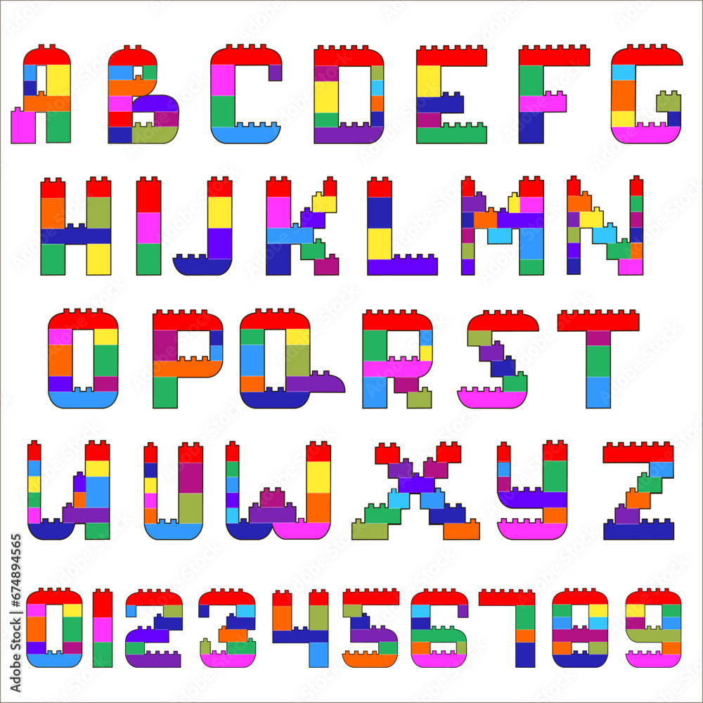 Alphabet and Numerals created from Bricks. Vector cartoon playing ...