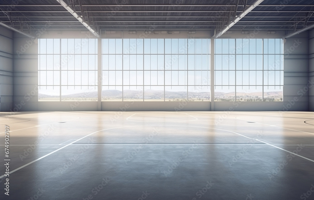 realistic basketball court inside of a fieldhouse with windows at the ...