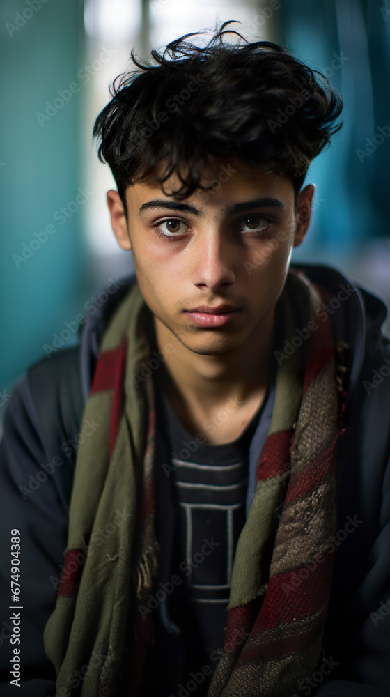 Portrait of a very handsome young Palestinian boy with a sad face ...