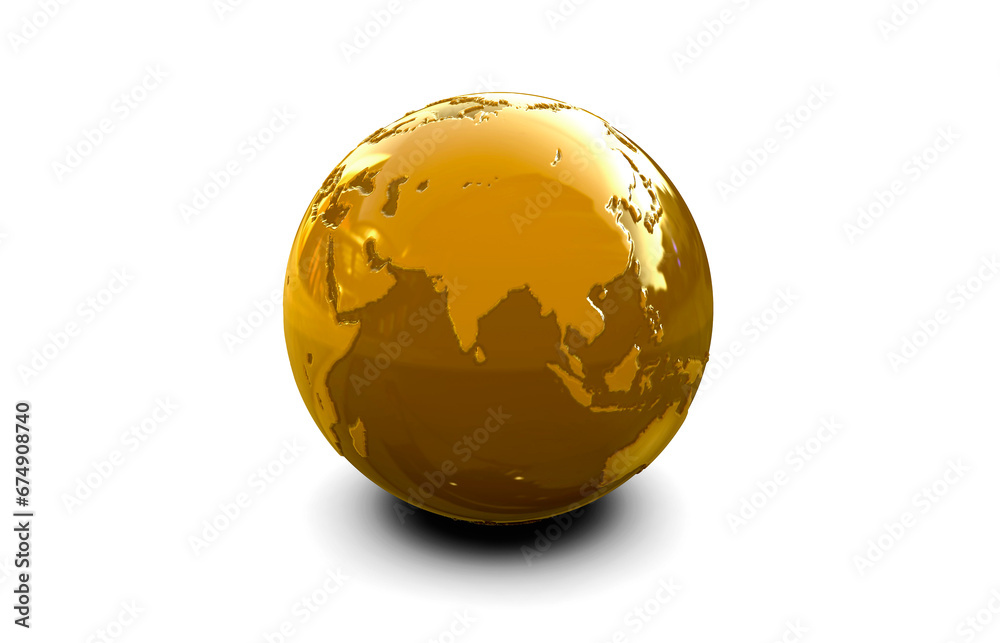 The 3D rendering image is a concept of a golden globe object on a white ...