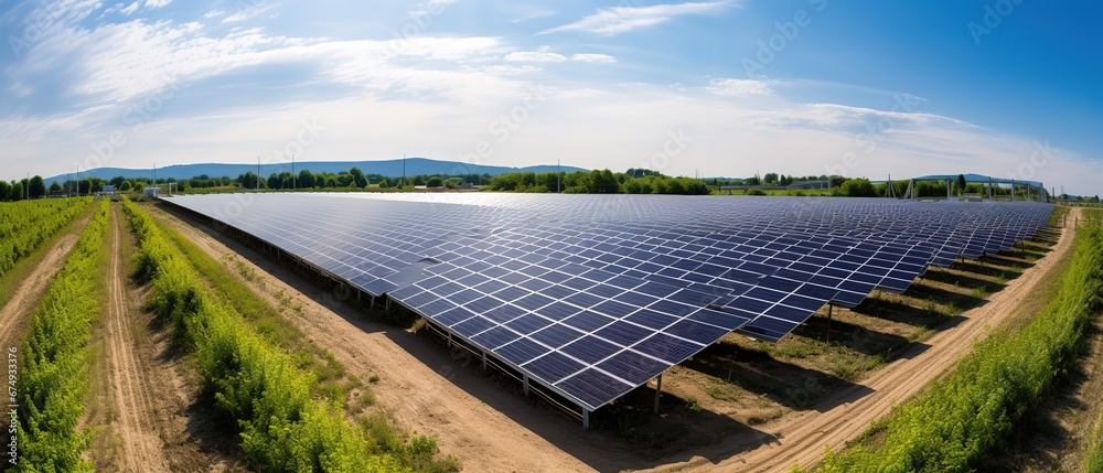 Farmland enhanced with agrivoltaics, where solar panels are ...