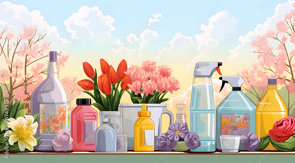 Artistic depiction of vibrant spring cleaning products, ready for a ...