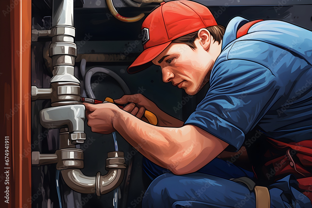 plumber in a blue uniform and red hat hard at work with sink pipes. The ...
