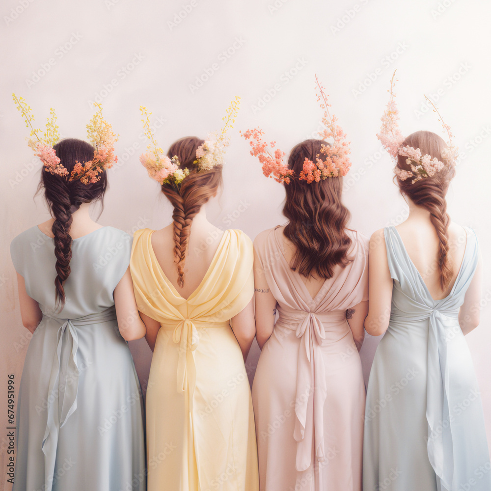 Four girls with long hair, each with flowers in her hair. The flowers ...