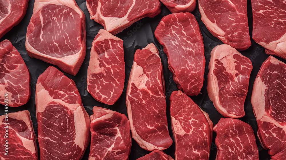 top view of raw meat steaks on black rock background, seamless raw meat ...