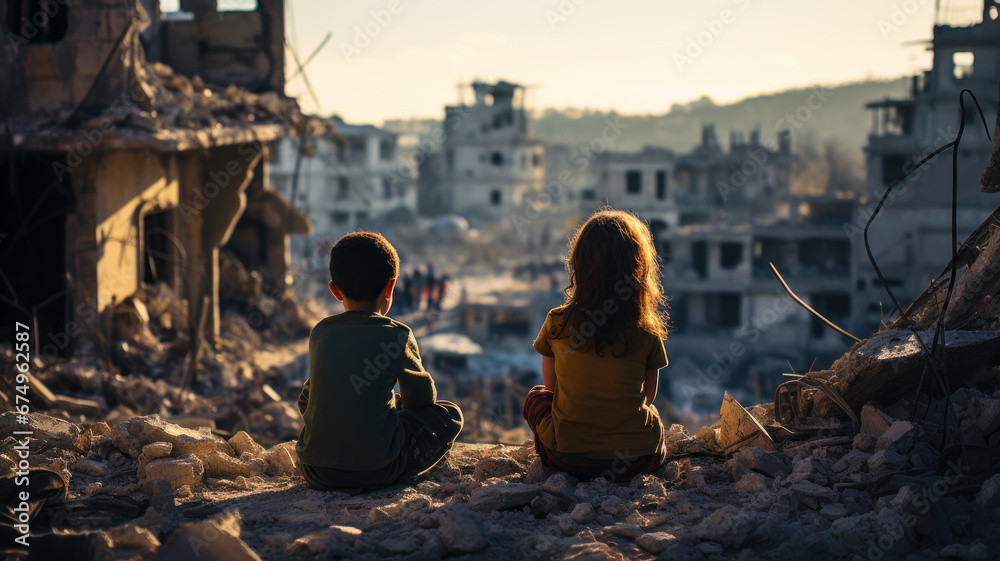 Children sit in destroyed building watching city destructions, unhappy ...