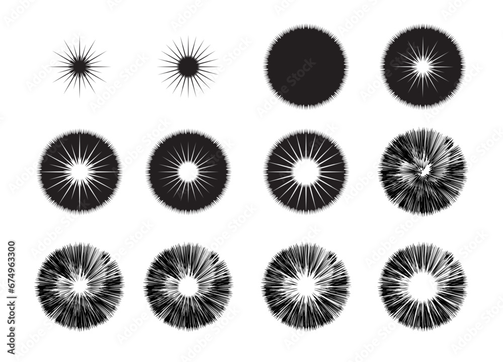 Collection of black stars and circular black radial lines. Blast attack ...