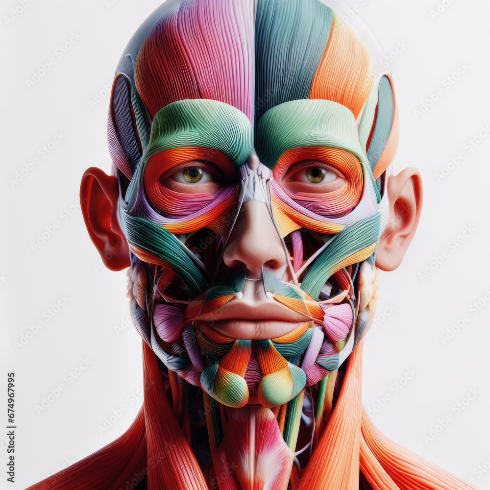 Human anatomy showing face with muscular system visible. Illustration ...