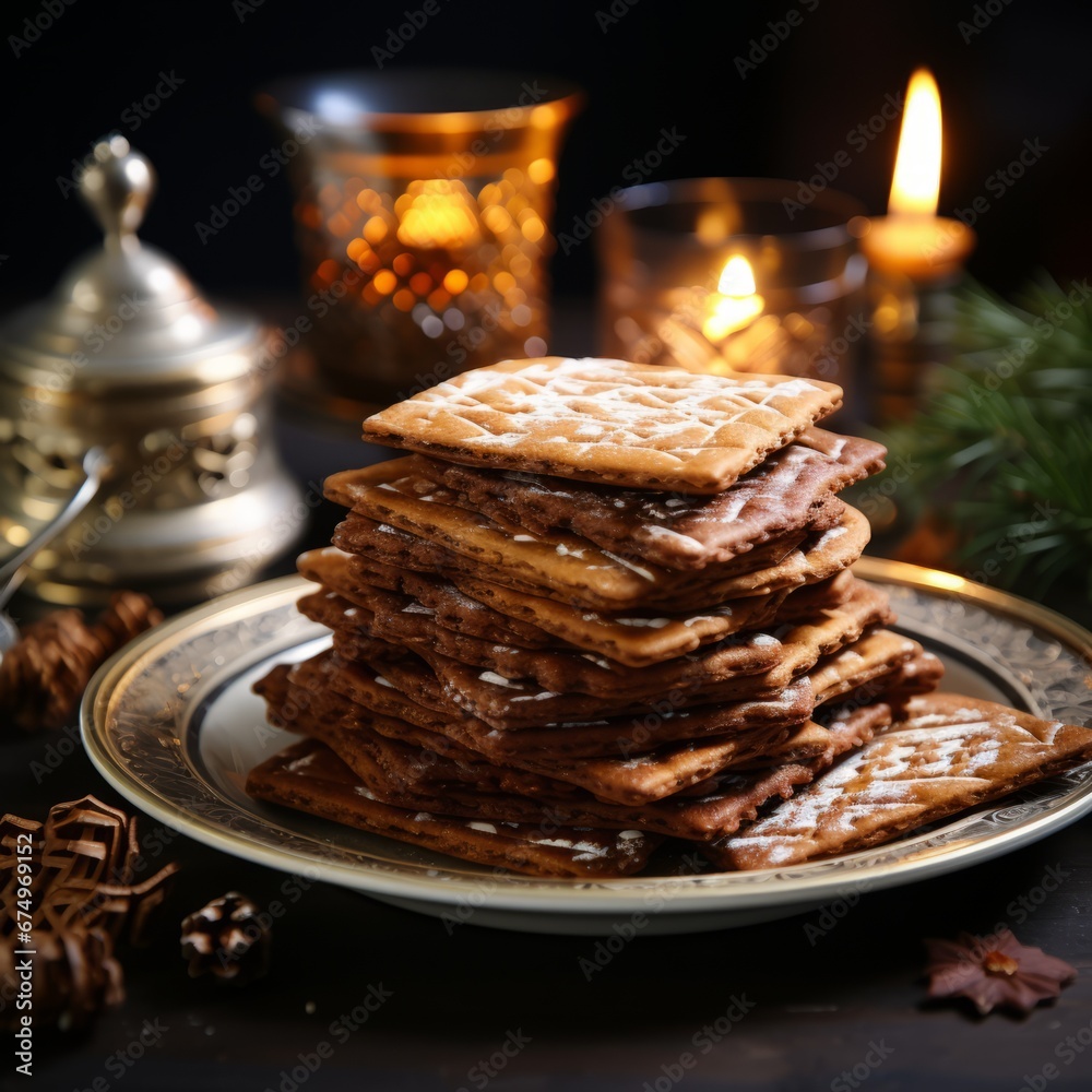 Christmas oplatki wafer cookies with white powdered sugar, on an ornate ...
