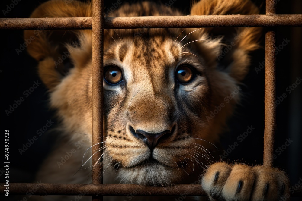 Little Lion cub locked in cage. Skinny lonely lion in cramped jail ...