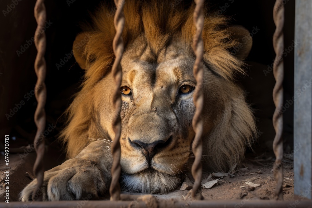 Lion locked in cage. Emaciated, skinny lonely lion in cramped jail ...