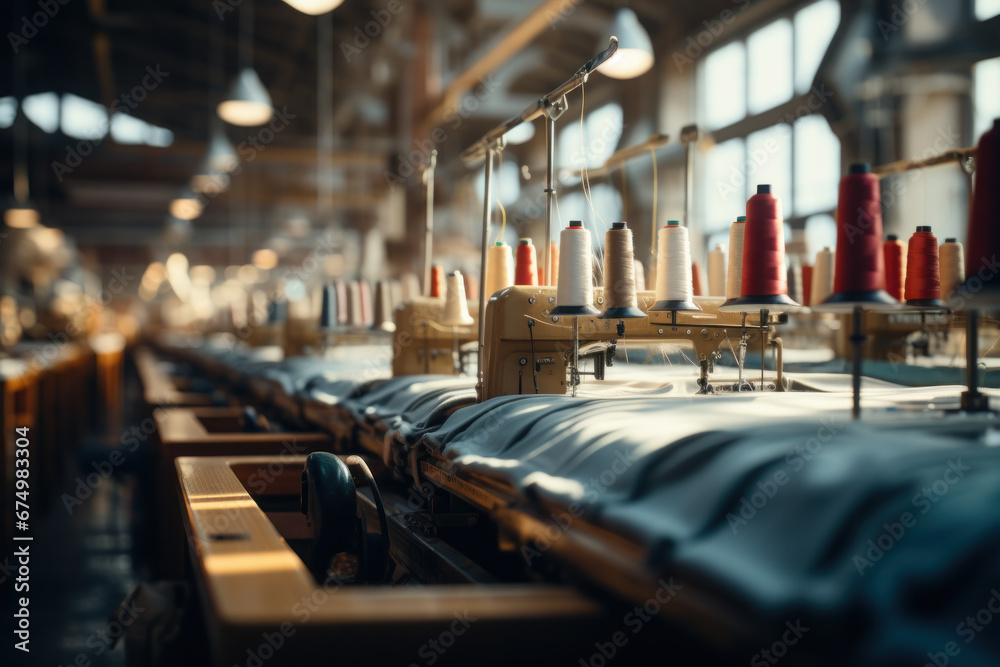 A bustling textile factory with rows of sewing machines, representing the Concept of textile ...