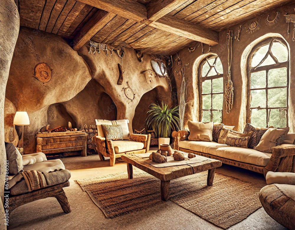 Neolithic-style living room interior, with primitive furniture and cave ...