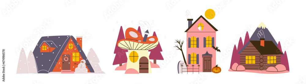 Cartoon cute houses in retro groovy style of the 90s. Fairy-tale city ...