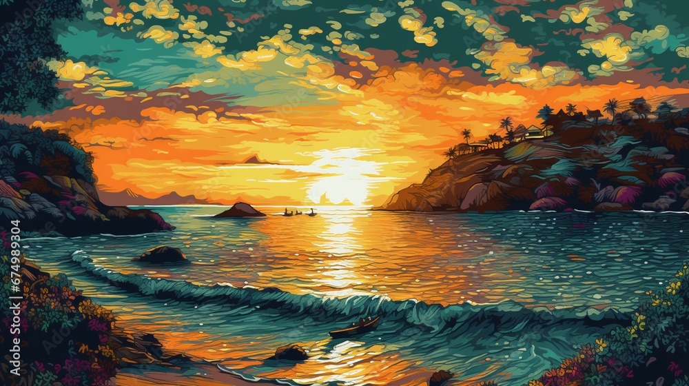 Colorized lilula beach oahu sunset pointillism painting wallpaper image ...