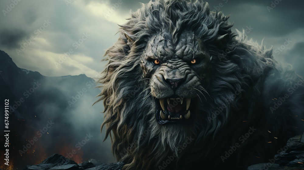 AI generated illustration of a roaring stone-built lion in an ...
