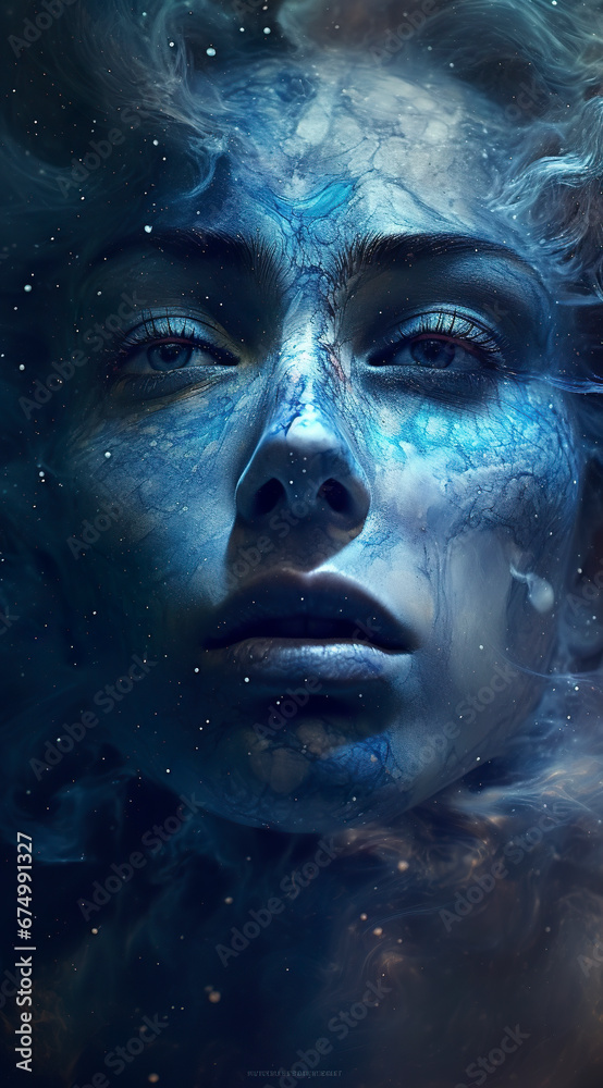 Female face illustration with facial features in nebula style ...