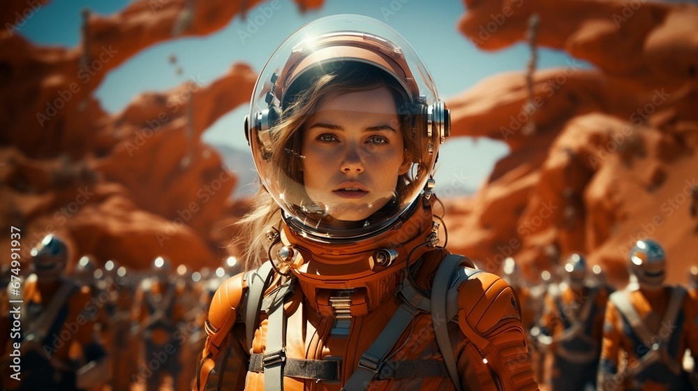 Female astronaut in a space suit in an extraterrestrial environment, AI ...