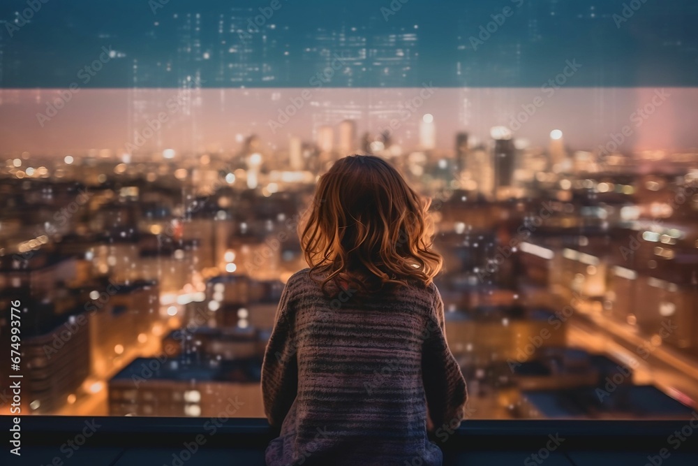 AI generated illustration of A young woman on a roof watching the ...
