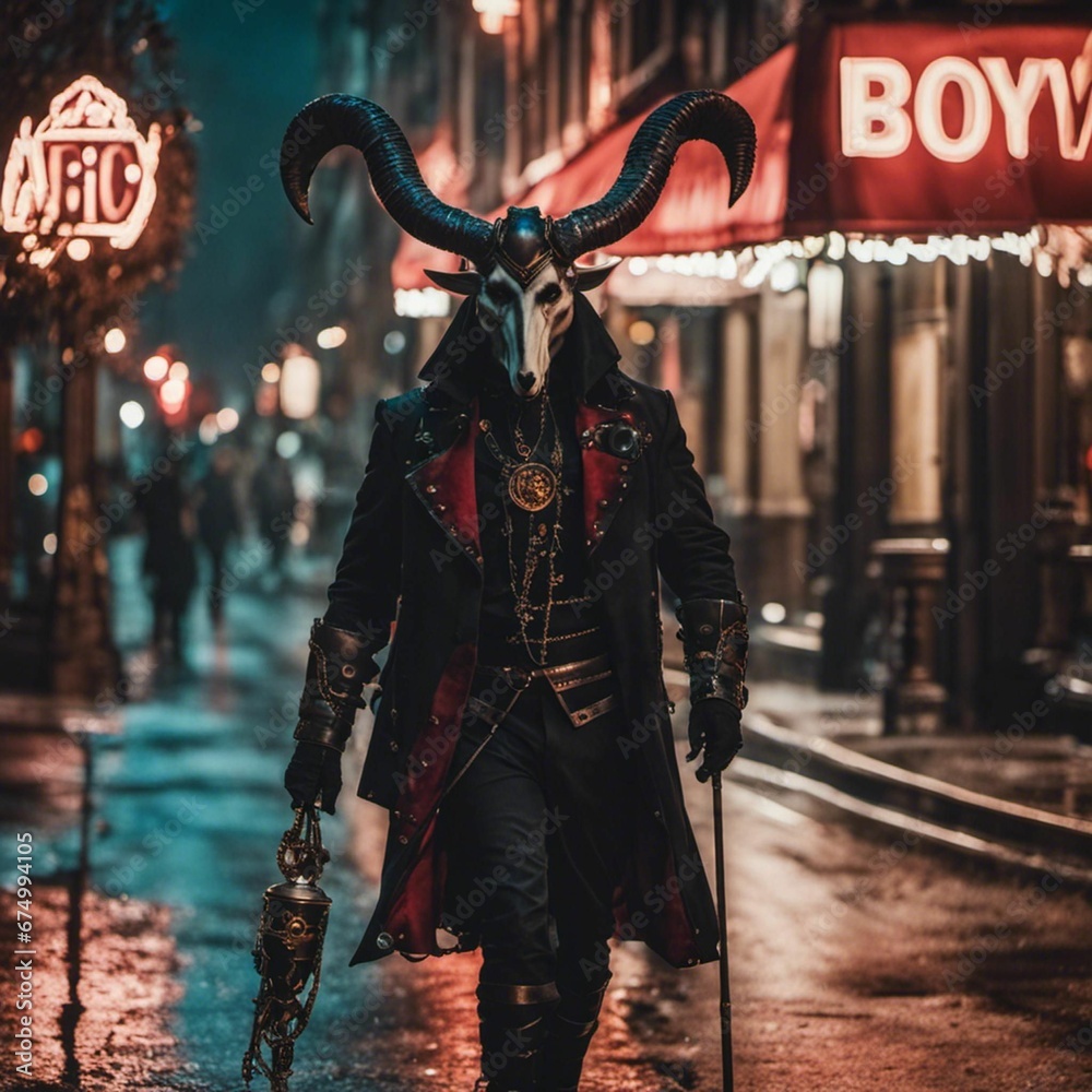 AI generated illustration of a scary goat in a black costume walking a ...