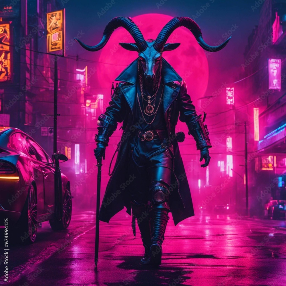 AI generated illustration of a scary devil goat in a black costume ...