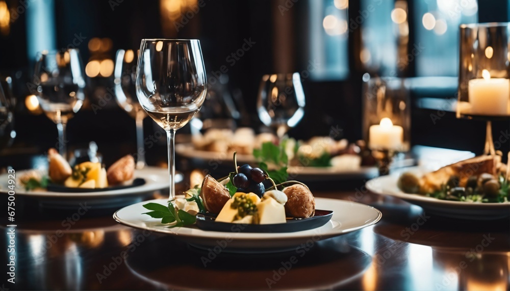 Elegant restaurant table with wine glass and appetizers in a soft light ...