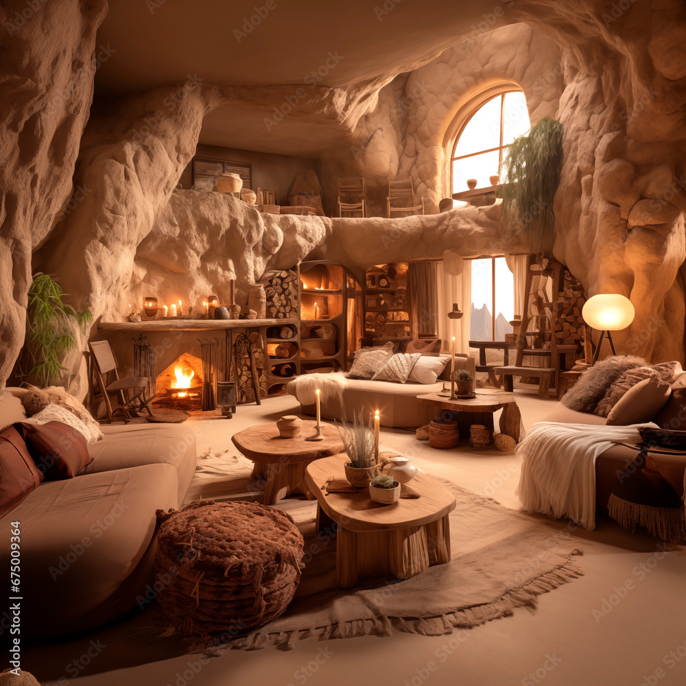 Modernized neolithic-style living room interior with furniture and cave ...